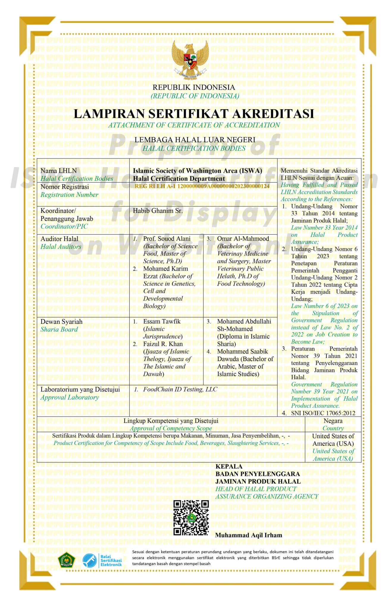 USA Halal Chamber of Commerce, Inc. – ISWA Hala Certification Department