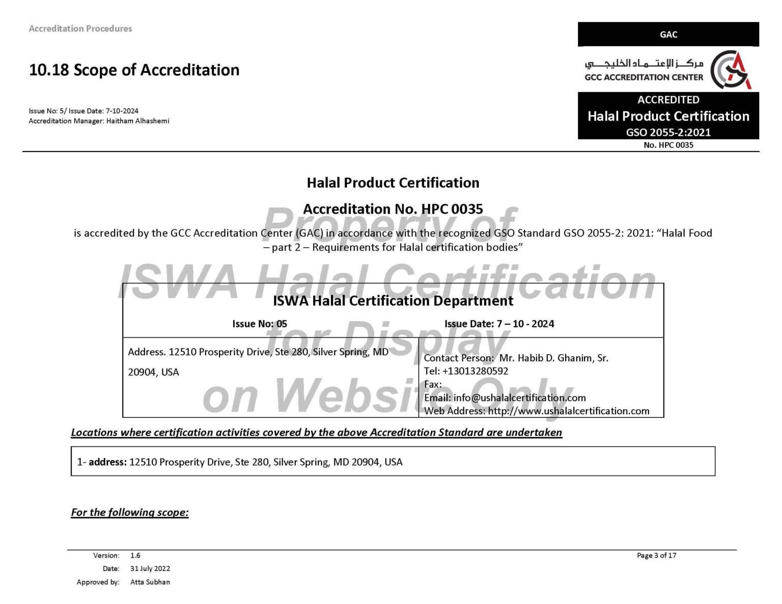 USA Halal Chamber of Commerce, Inc. – ISWA Hala Certification Department